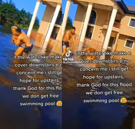 Thank God For This Flood, Free Swimming Pool – Man Swims In His Flooded ...